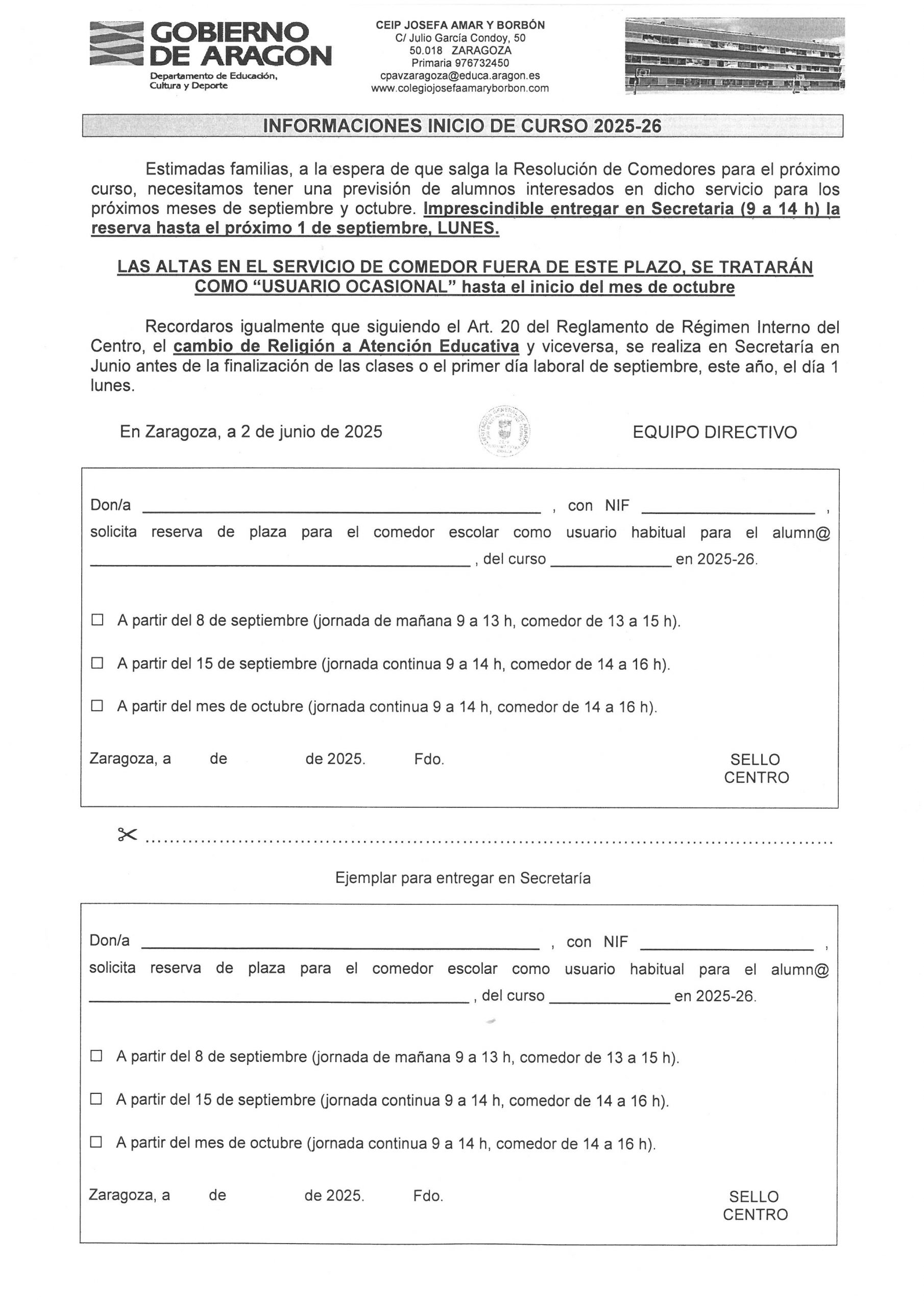 INFORMACIONES IMPORTANTES CURSO 25-26 – COLEGIO JOSEFA AMAR Y BORBON